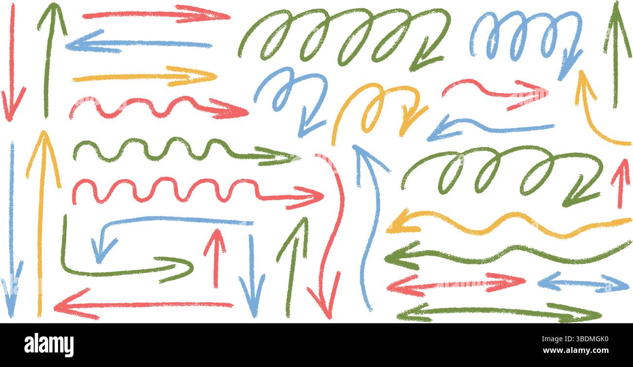 Arrows hand drawn kids set. Crayon straight and curved thin pointers ...