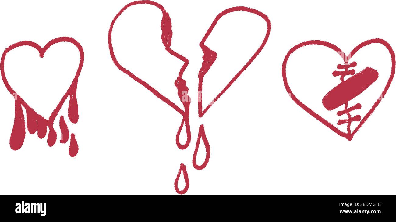 Broken hearts punk crayon drawn set. Breakup marker doodles isolated on white background. Love ...