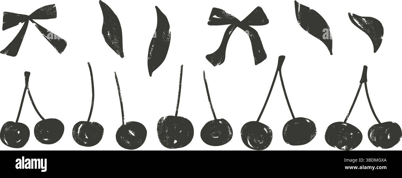 Charcoal drawn cherry, bow silhouette set. Coquette linocut berries ...