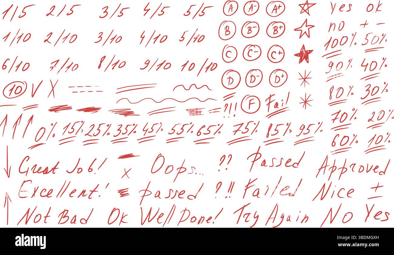 Exam grade marks doodle style set. School test results different hand ...