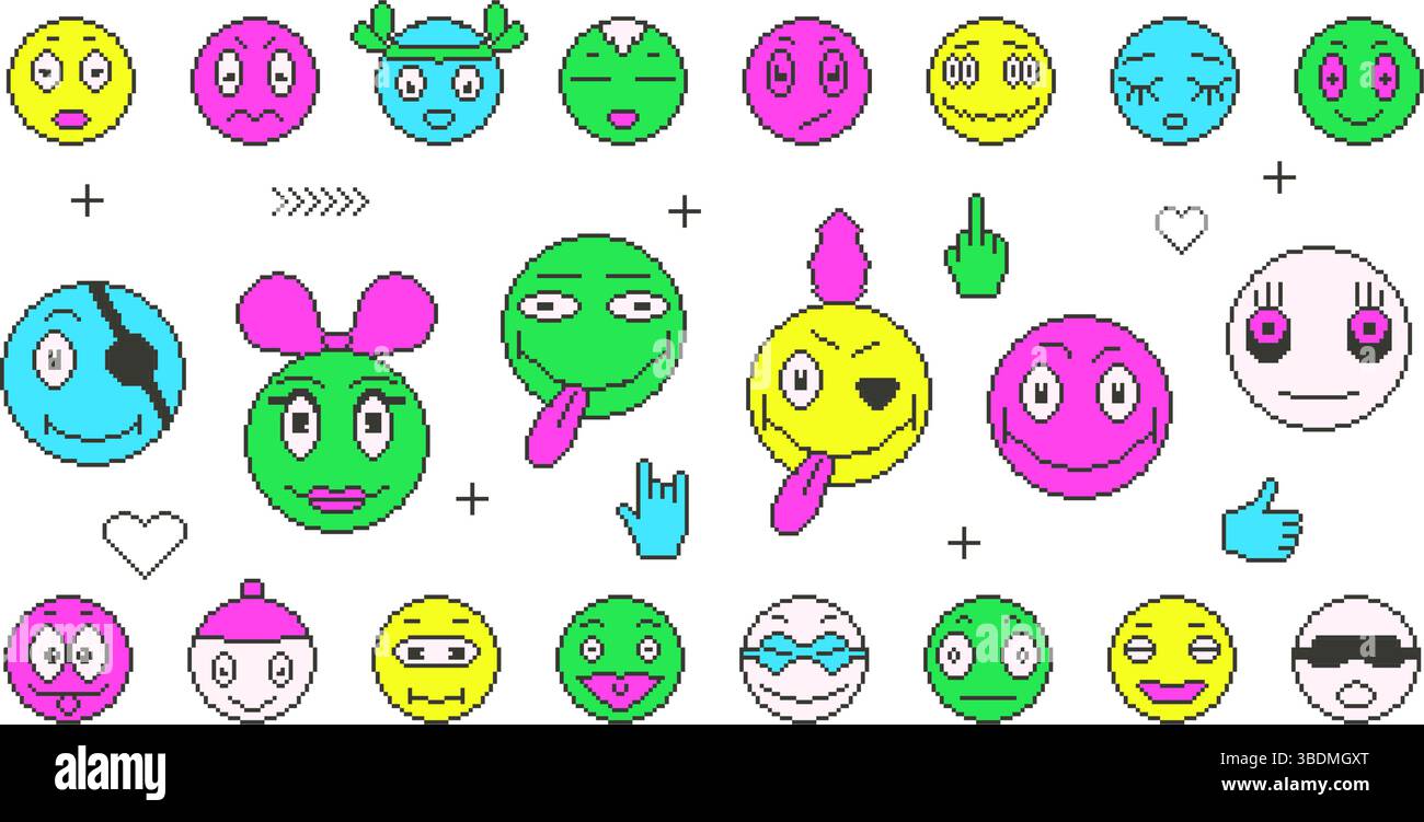 Pixel art game faces with smiles. 8 bit retro characters elements ...