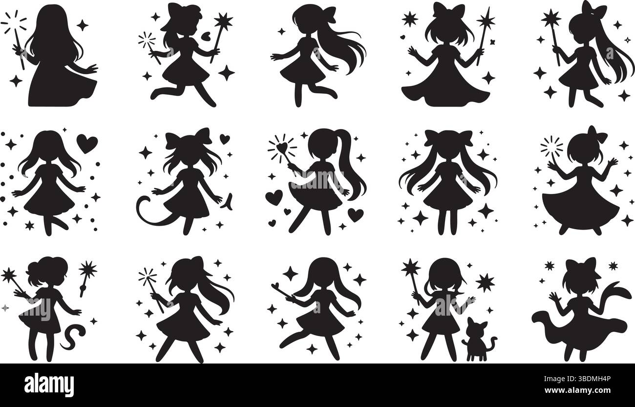 A simplified set of black icons featuring various small fairy-like or ...