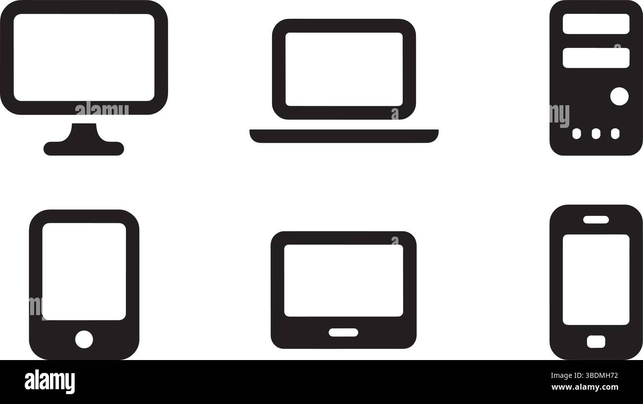 A solid black icon set representing various electronic devices and ...