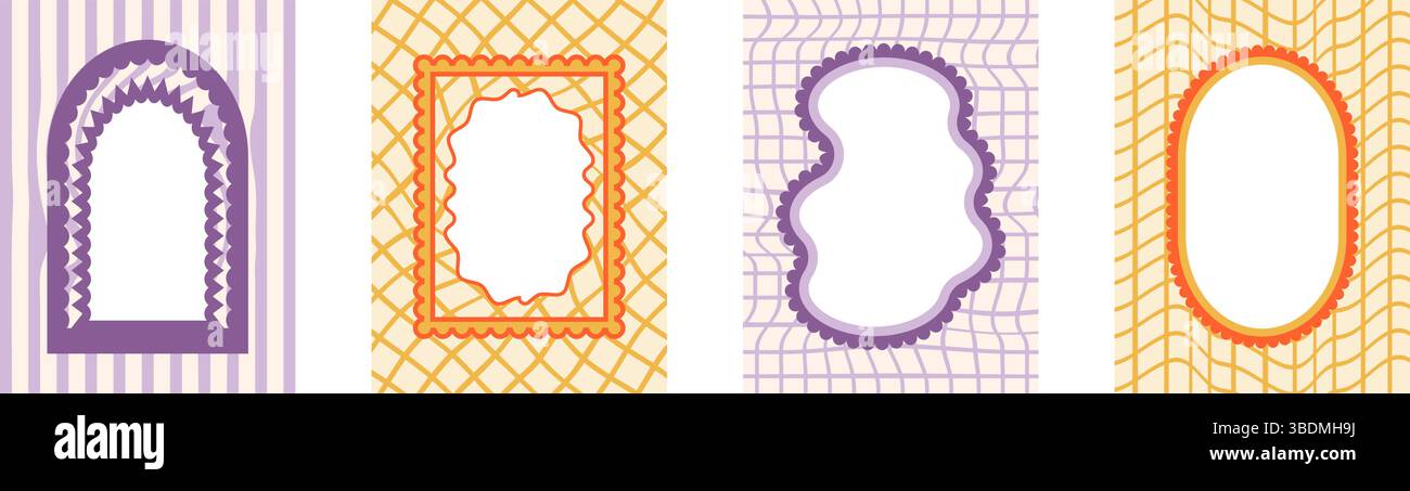 Retro funky frames with groovy checkerboard background. Set of fun kid ...