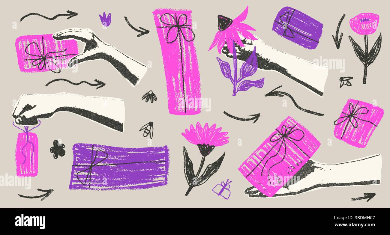 Halftone photocopy hands holding crayon gifts boxes and flowers collage. Summer holiday sale ...