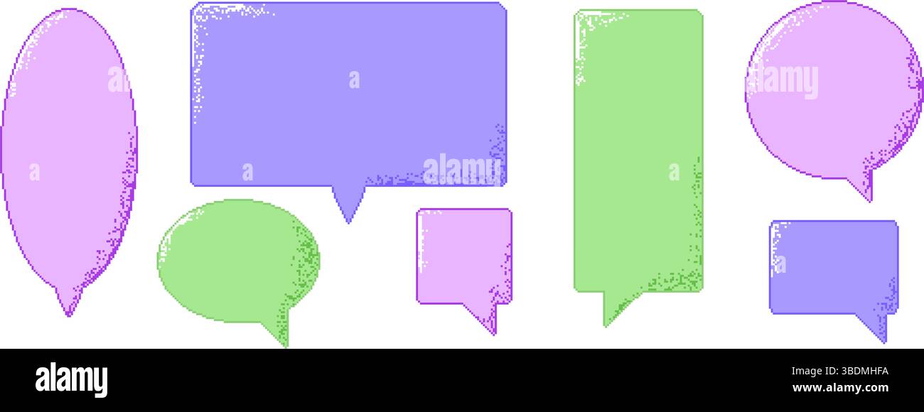 Pixel art color speech bubbles. 8 bit text boxes set. Rectangle and round chat frames with ...