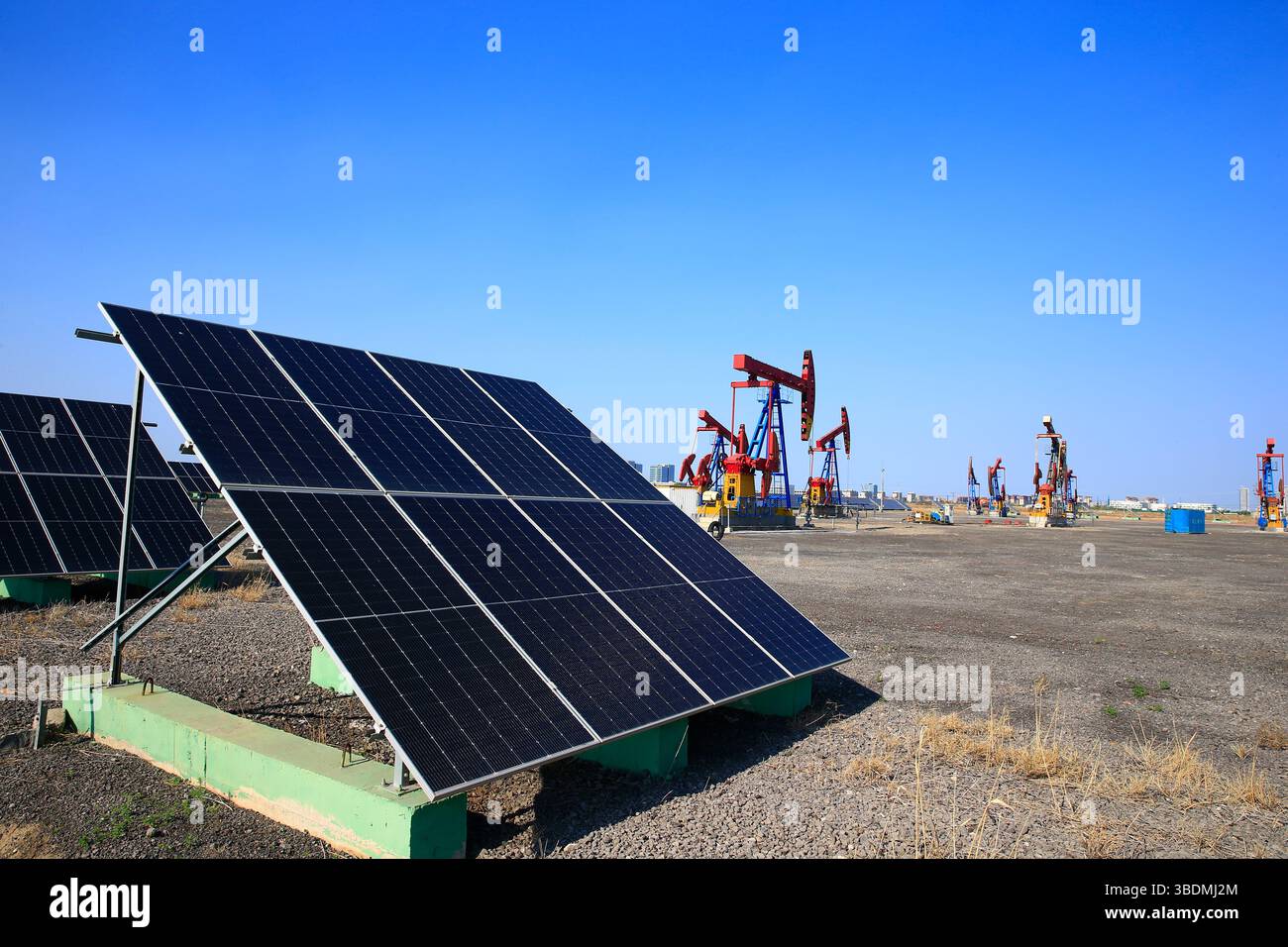 Oil pump, natural gas processing plant, with wind turbine, solar panel ...