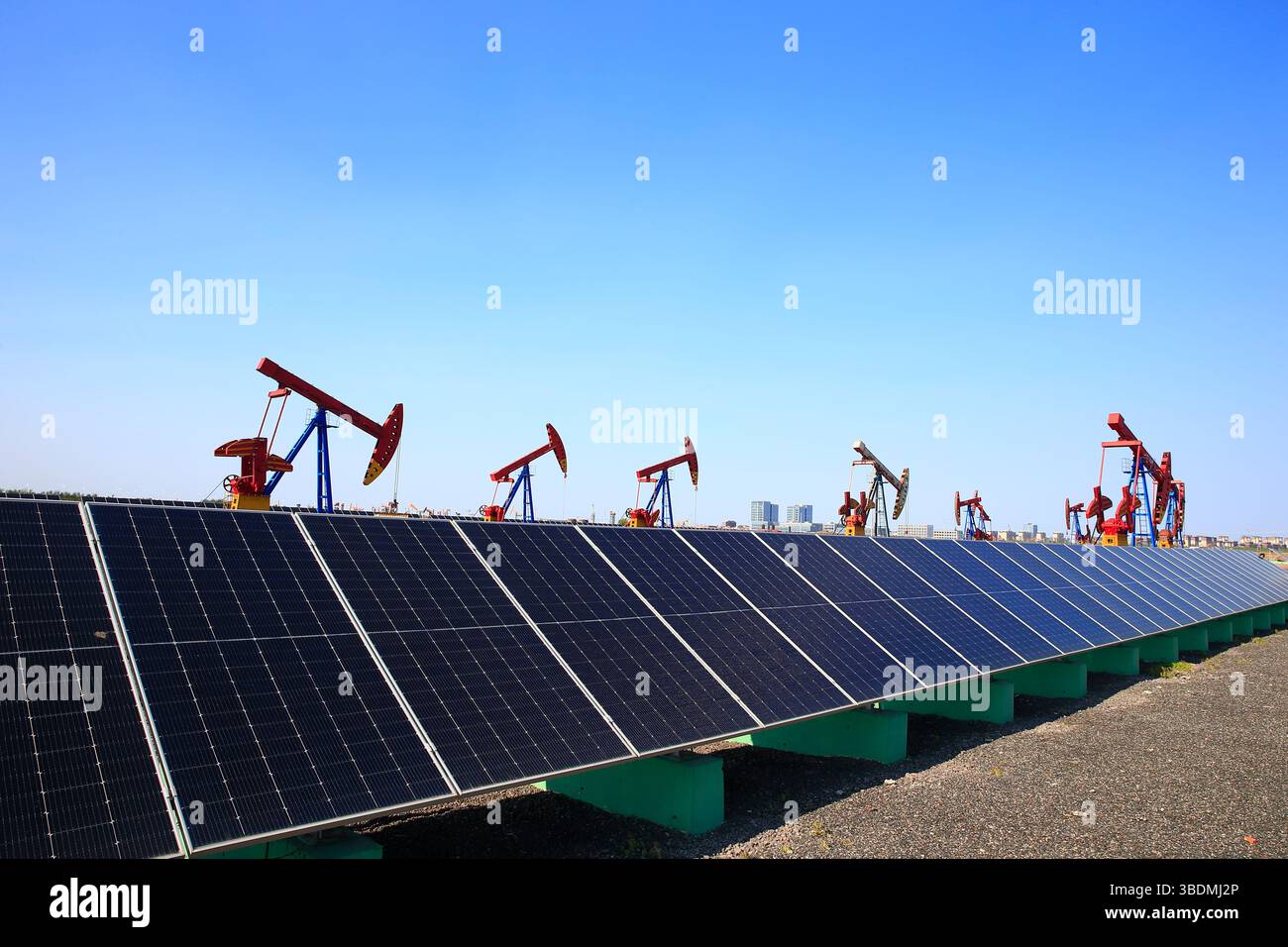Oil pump, natural gas processing plant, with wind turbine, solar panel ...