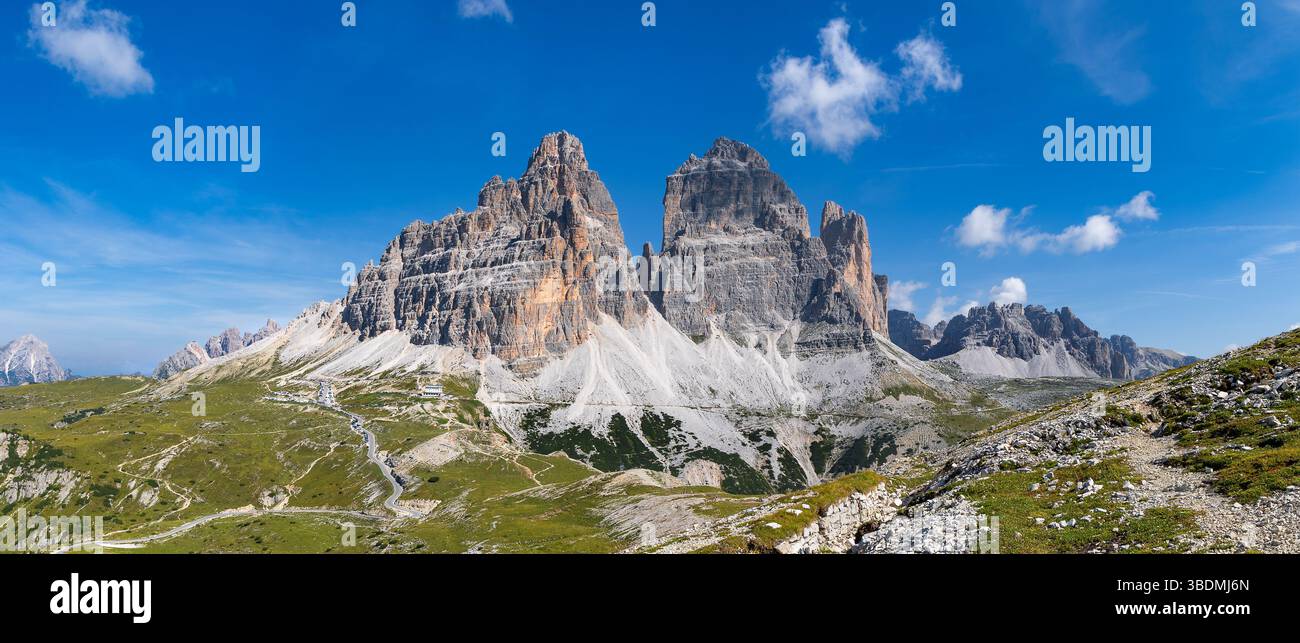 Panorama of the south face of the famous Dolomites peak Tre Cime di ...