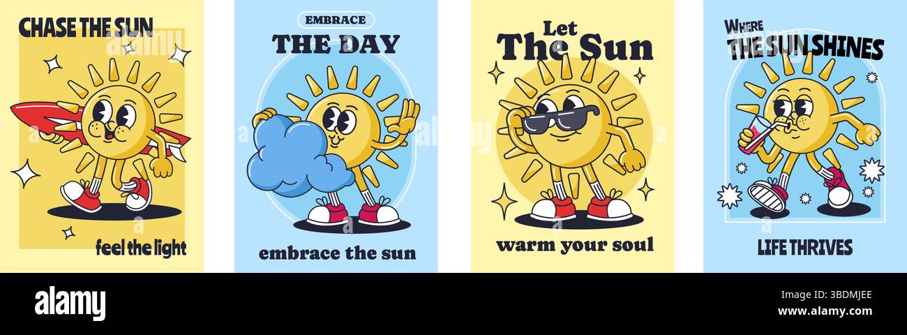 Retro cartoon sun posters. Summer wall art templates, groovy ...