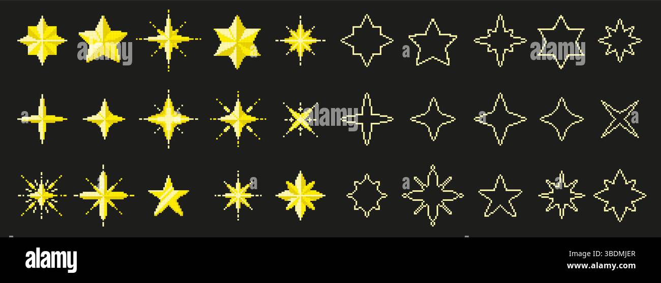 Pixel art stars. 8 bit sparkles, yellow golden shine star, space ...