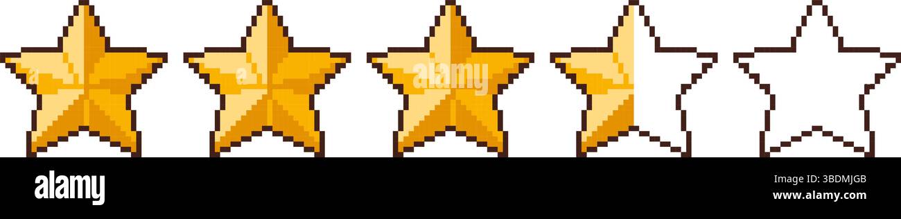 Pixel art rating stars. Five golden star feedback and customer review ...
