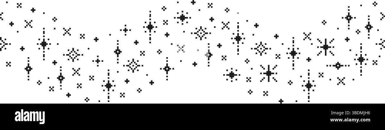 Pixel star sparkle wavy seamless border. Pixel art sparkles and glitter frame with 8 bit ...