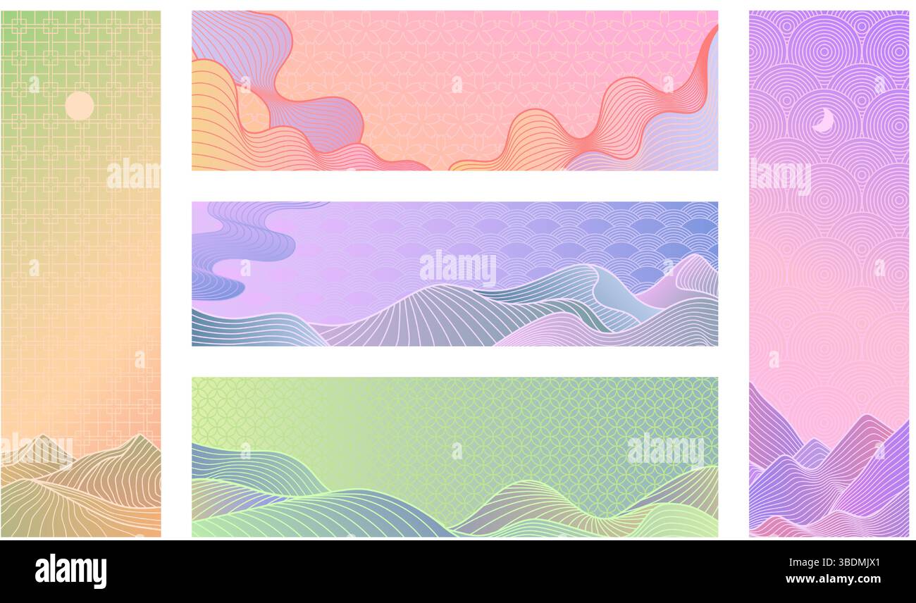 Line art landscape. Minimal mountains and hills with traditional Asian ...