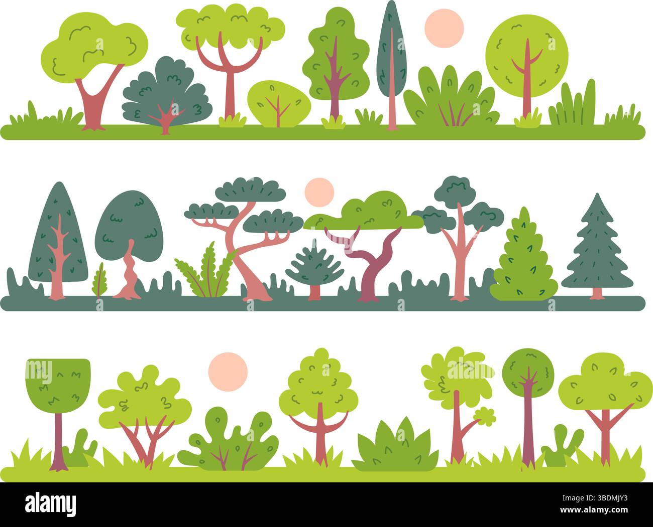 Forest landscape. Green trees, bushes and pine-trees, abstract cartoon summer woodland, plants ...
