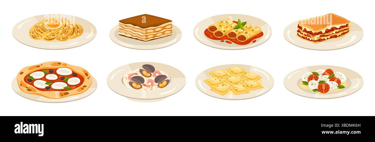 Italian cuisine dishes. Mediterranean food lasagna, pizza and ravioli ...