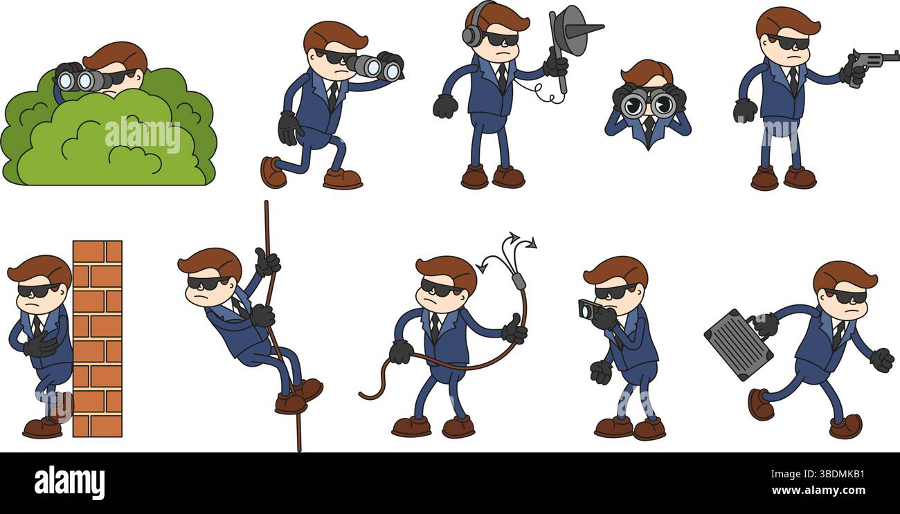 Cartoon secret agent character. Spy with gun, camera and case. Comic ...