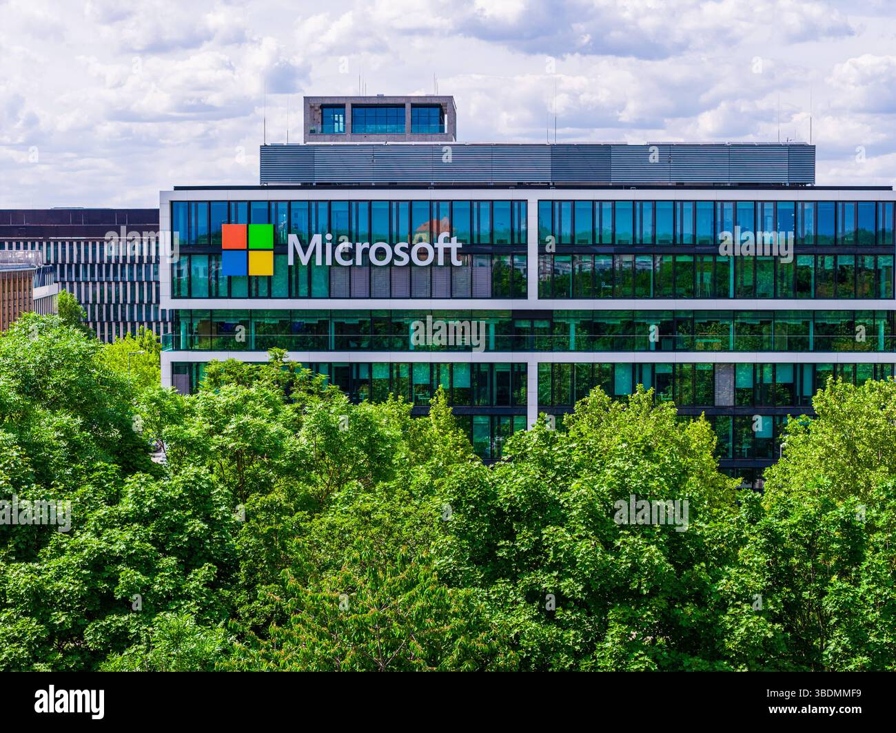 MUNICH, GERMANY - MAY 25, 2025: Microsoft logo at the company office building located in Munich ...
