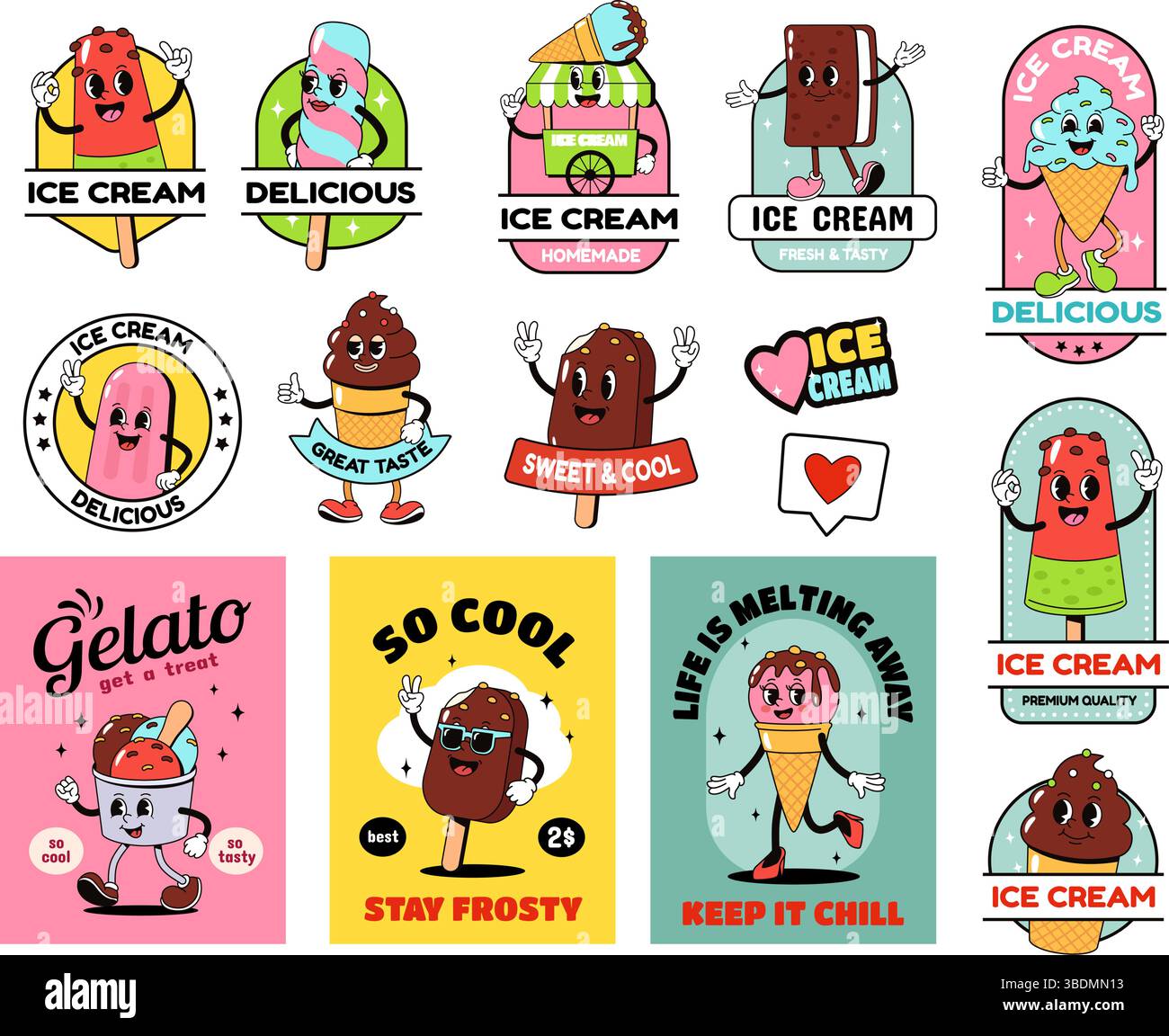 Ice cream branding. Funny ice cream characters, chocolate popsicle and ...