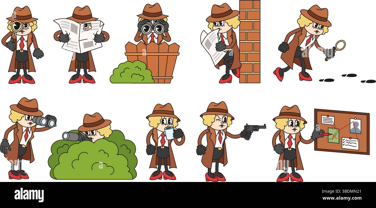 Cartoon detective woman. Spy female with gun, camera and binocular ...