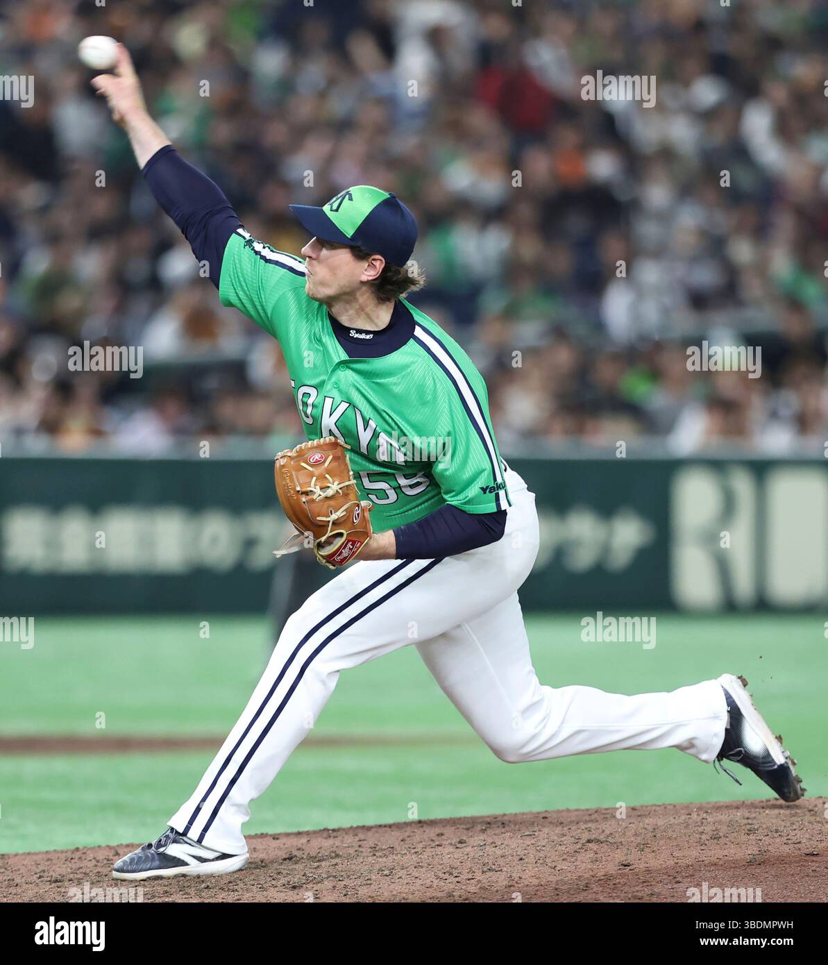 Tokyo Yakult Swallows pitcher Mike Baumann from the United States ...