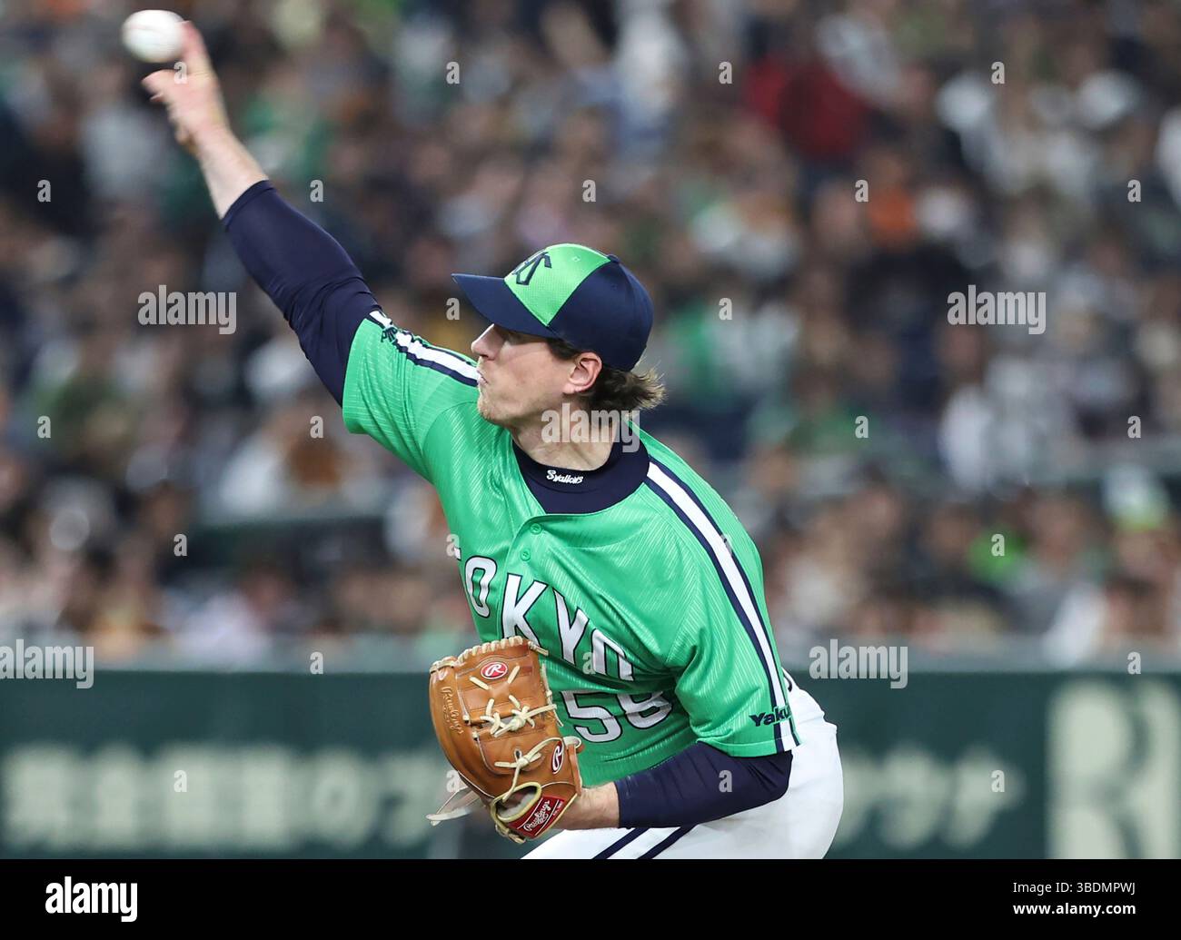 Tokyo Yakult Swallows pitcher Mike Baumann from the United States ...
