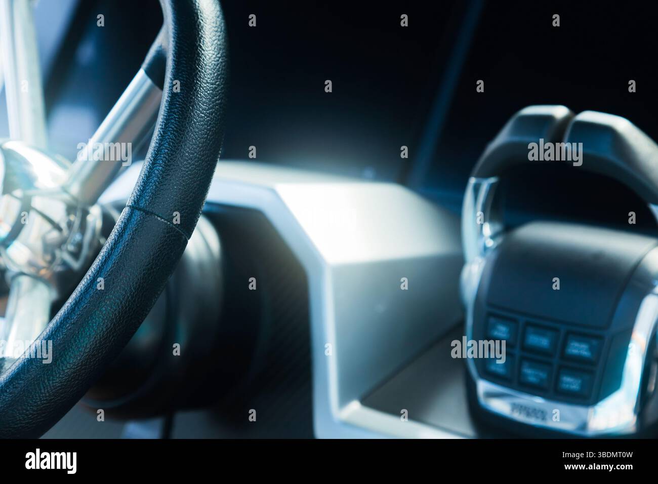 Motor yacht control panel. Steering wheel and gear levers Stock Photo ...