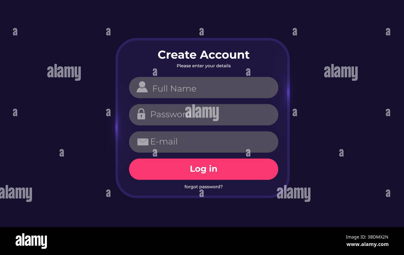 Register page layout. Sign up form with buttons and icons. Minimalistic registration screen for ...