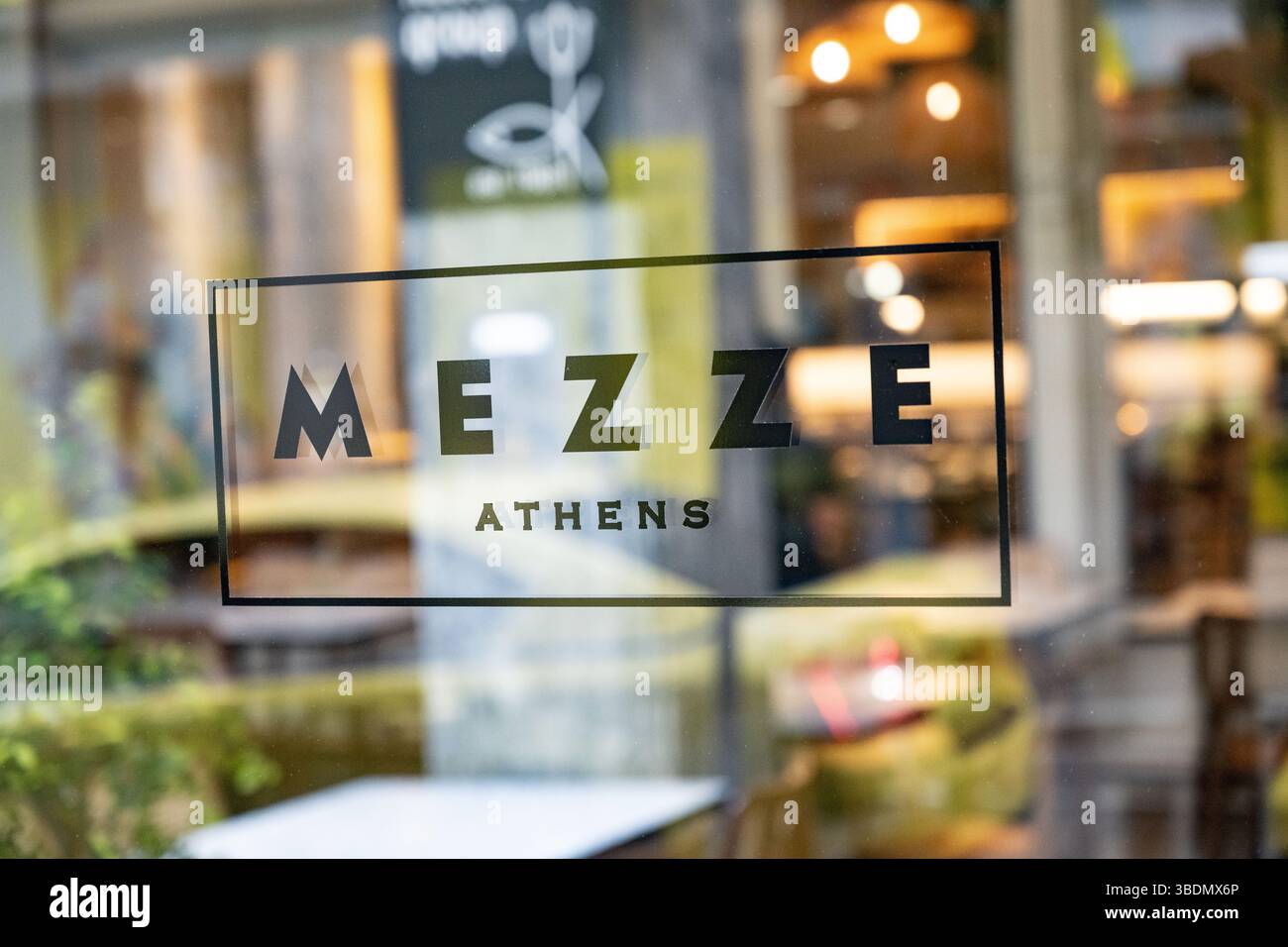 Entrance sign and logo for the popular Mezze Restaurant, a modern Greek ...
