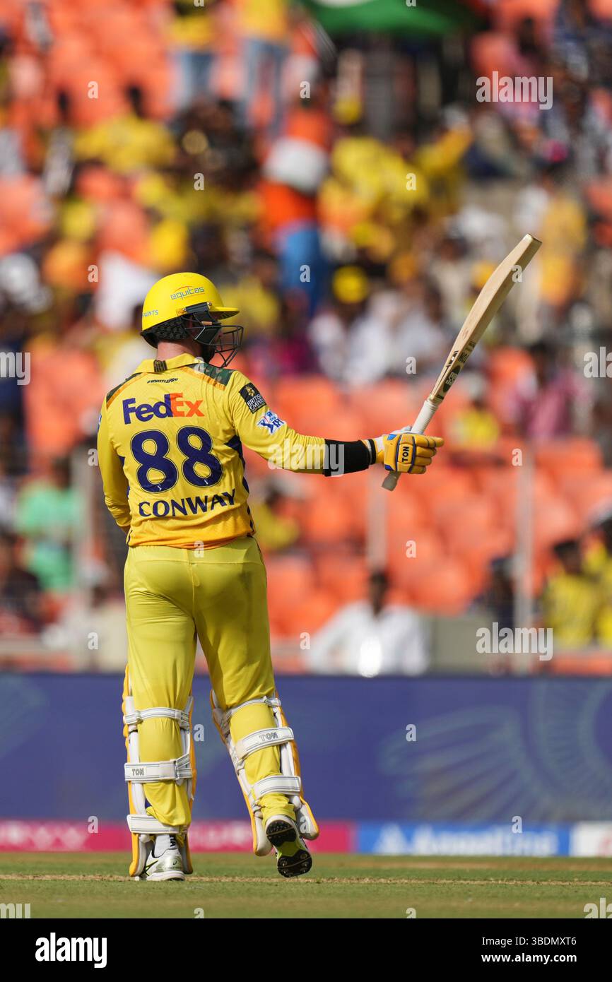 Chennai Super Kings' Devon Conway celebrates after scoring fifty runs ...