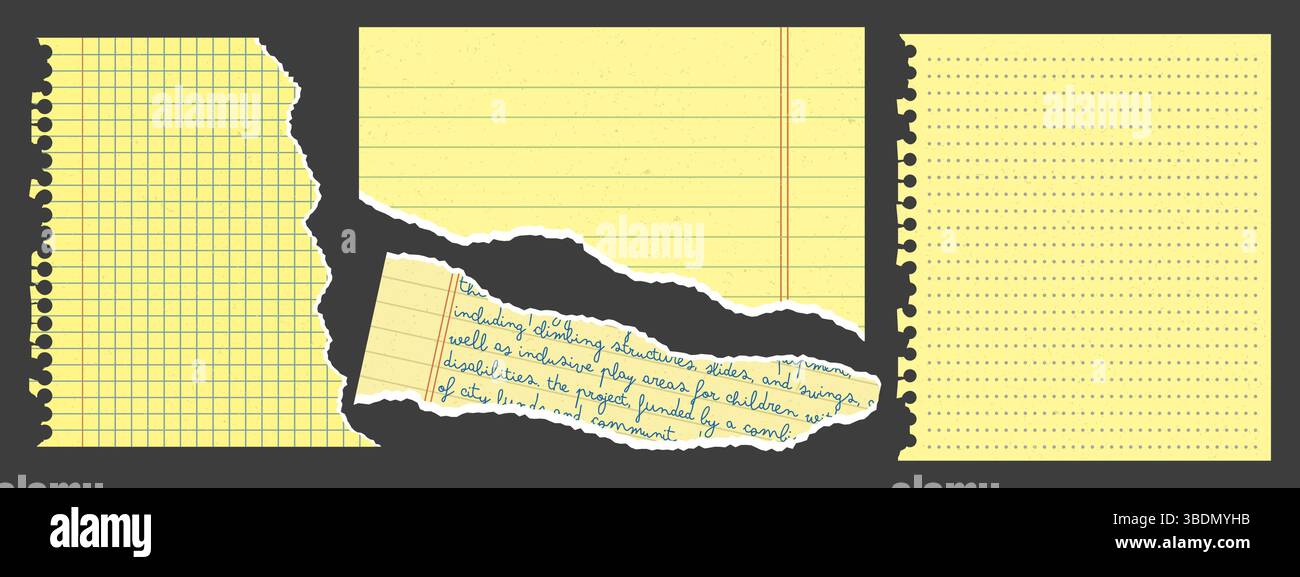 Torn paper elements with rough, uneven edges. Ripped yellow notebook ...