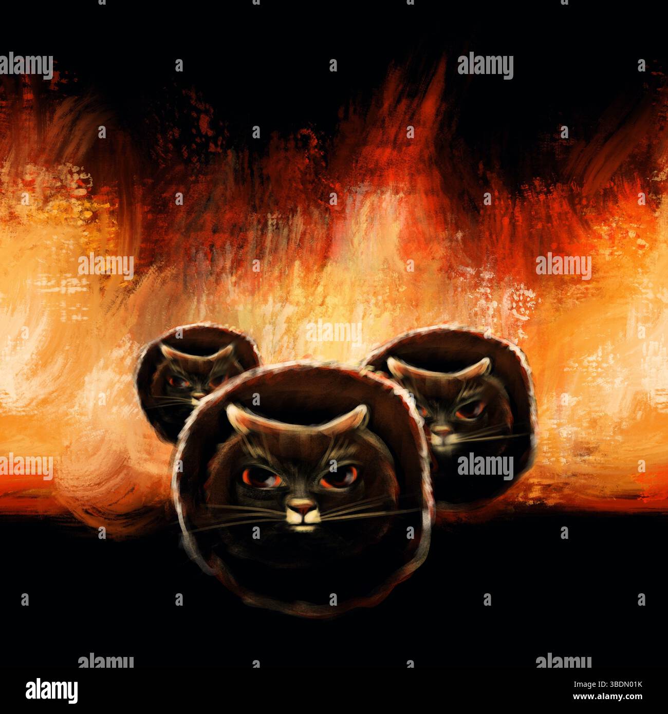 Seamless pattern with different funny fire cats. Hand draw illustration ...