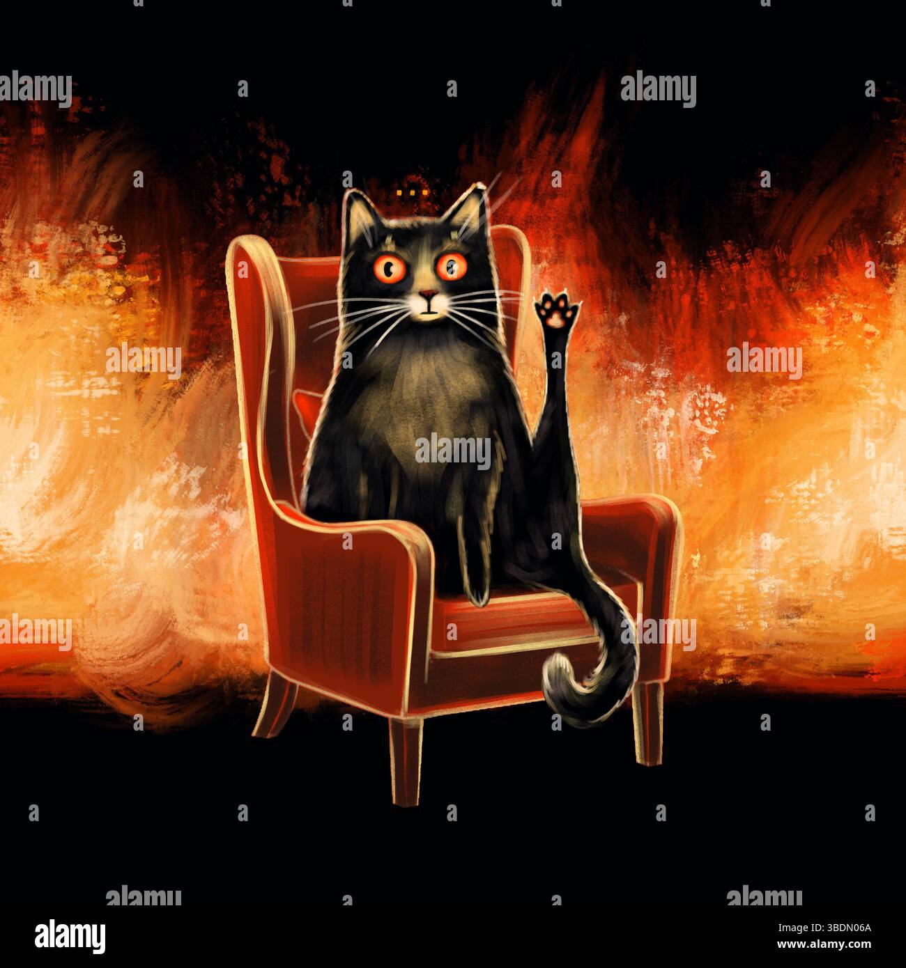 Seamless pattern with different funny fire cats. Hand draw illustration ...