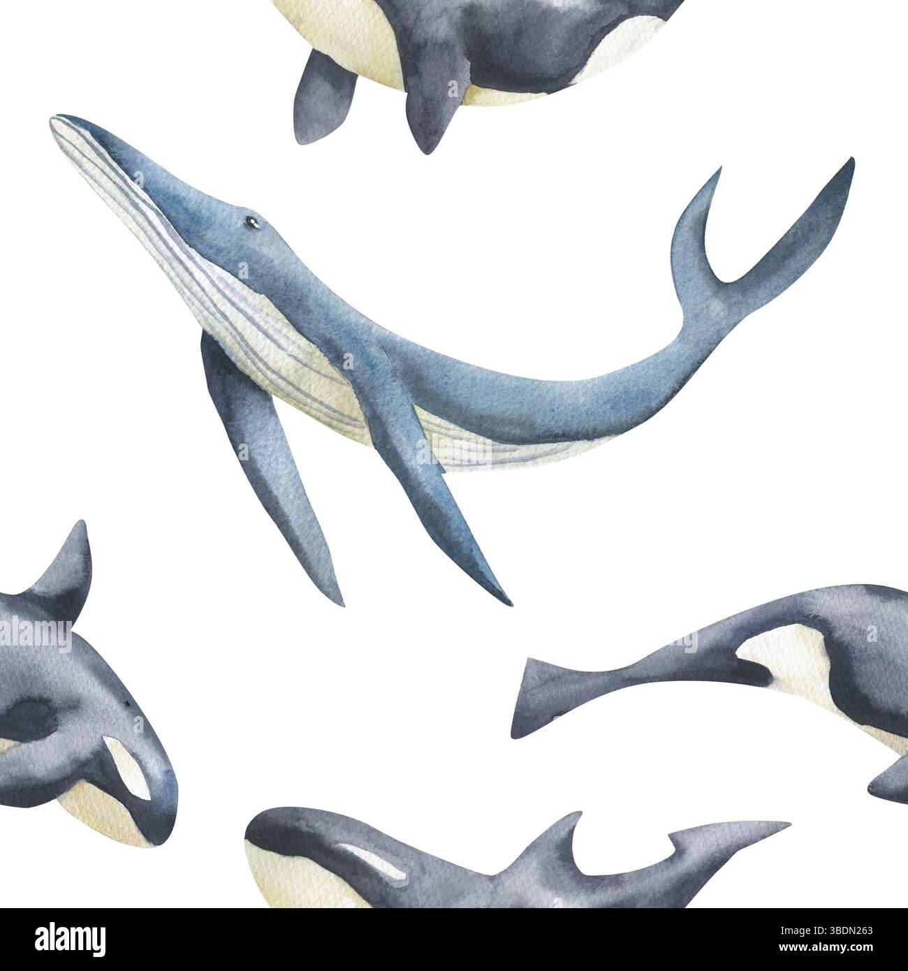 Ocean fish watercolor seamless pattern with blue whale and orca ...