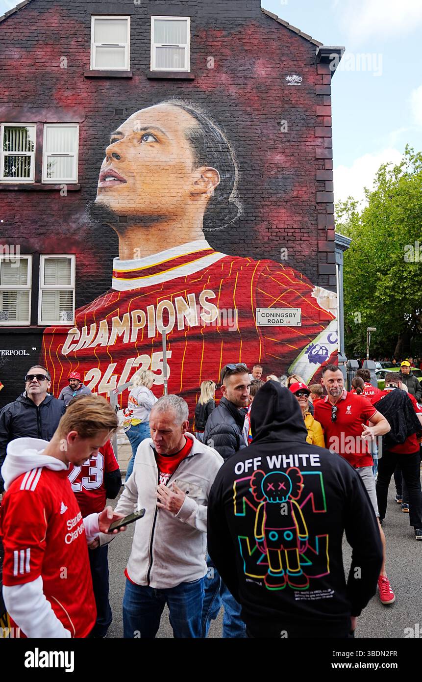 A tribute mural of Liverpool's Virgil van Dijk outside the ground ...