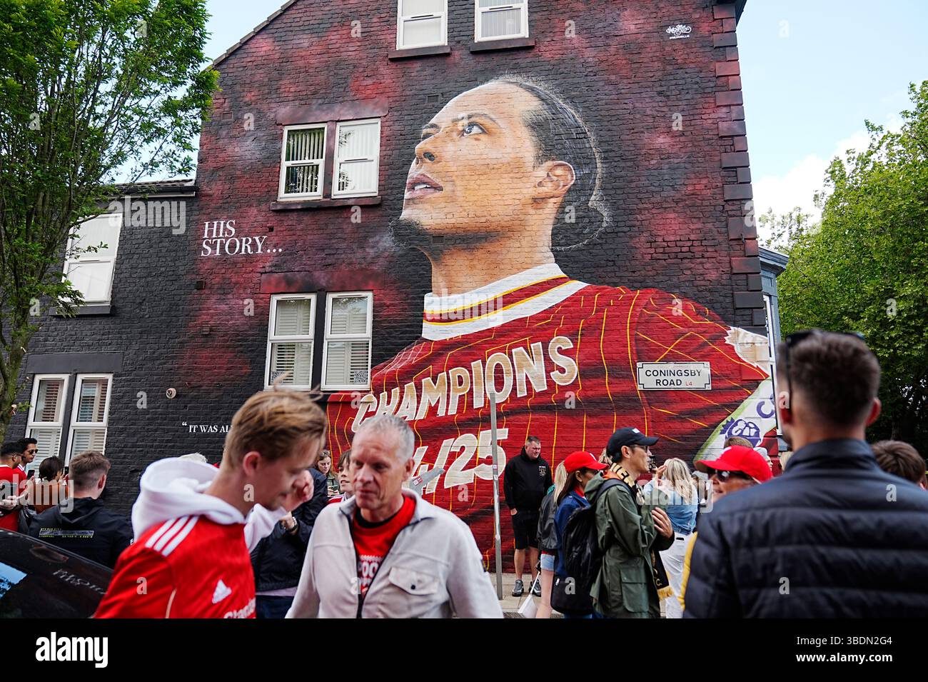 A tribute mural of Liverpool's Virgil van Dijk outside the ground ...