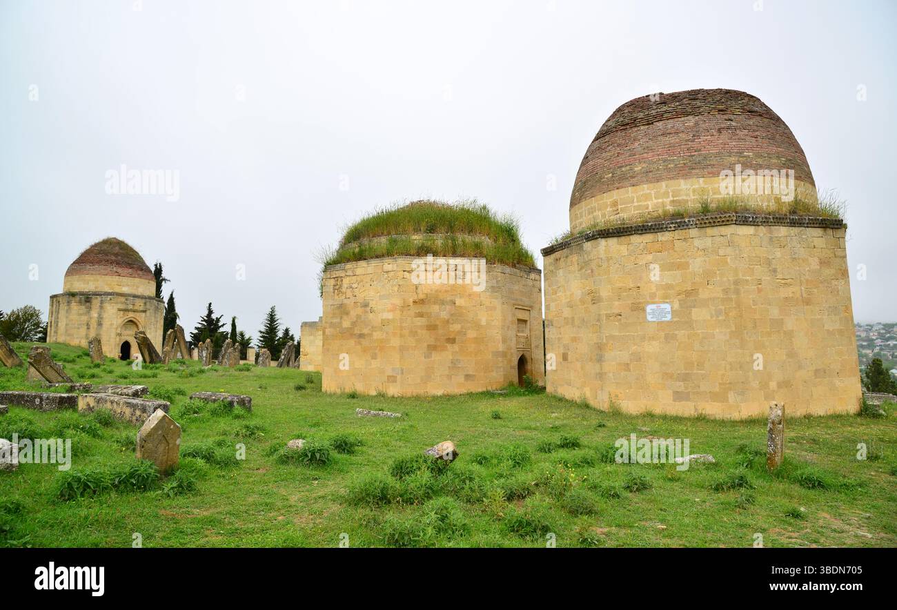 A view of the Yeddi Gumbez Tombs and historical cemetery in Shamakhi ...