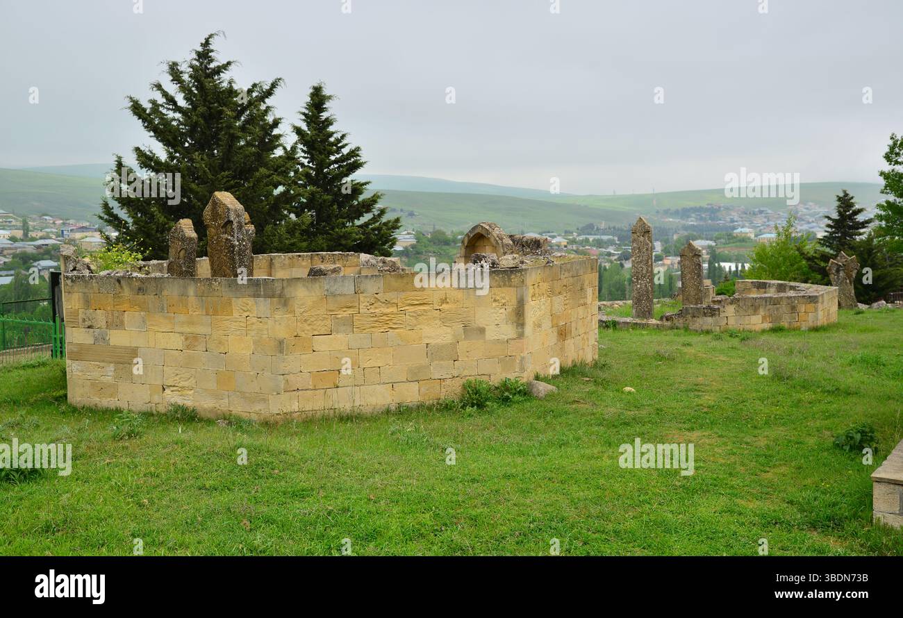 A view of the Yeddi Gumbez Tombs and historical cemetery in Shamakhi ...