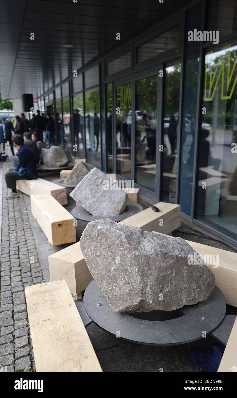 Chemnitz, Germany. 25th May, 2025. Stones and seating in front of the ...