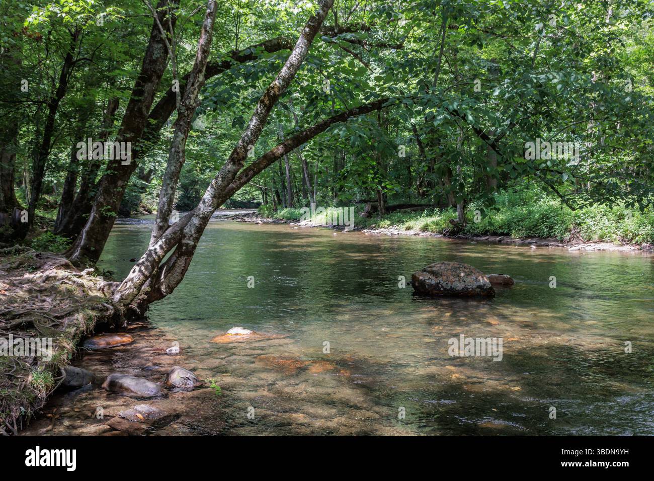 Oconaluftee River flows through the Oconaluftee Visitor Center at Great Smoky Mountains National ...