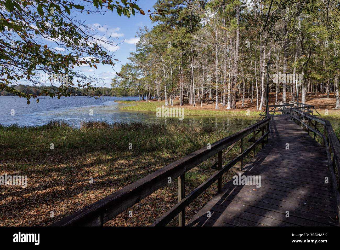 Wooden pedestrian bridge over part of Archusa Creek Lake at Archusa Creek Water Park near ...