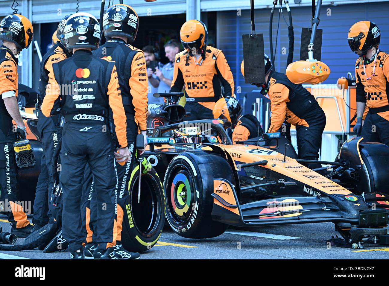 McLaren driver Oscar Piastri of Australia gets a pit service during the ...