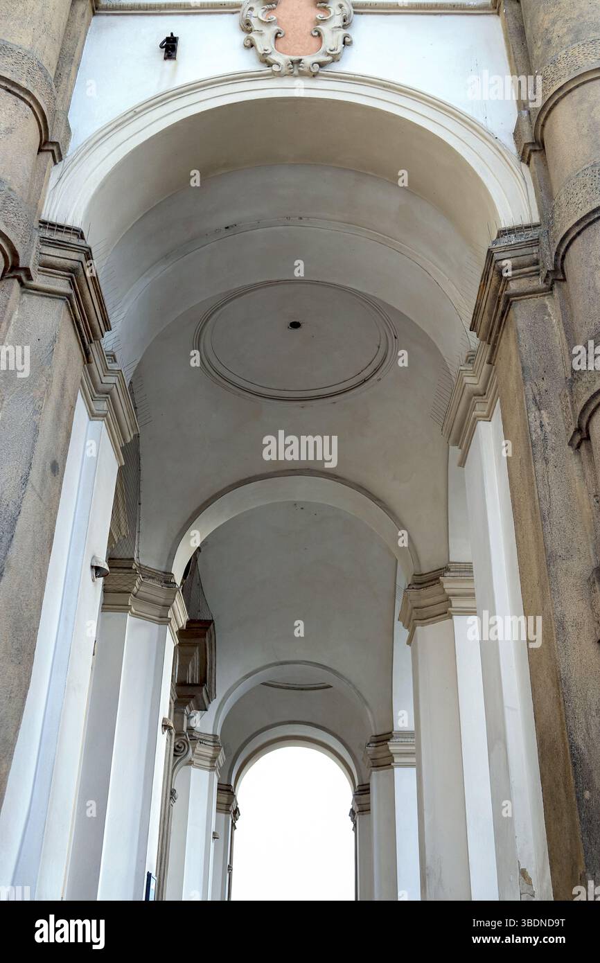 Historic architectural detail of an arch-shaped house facade in Prague ...