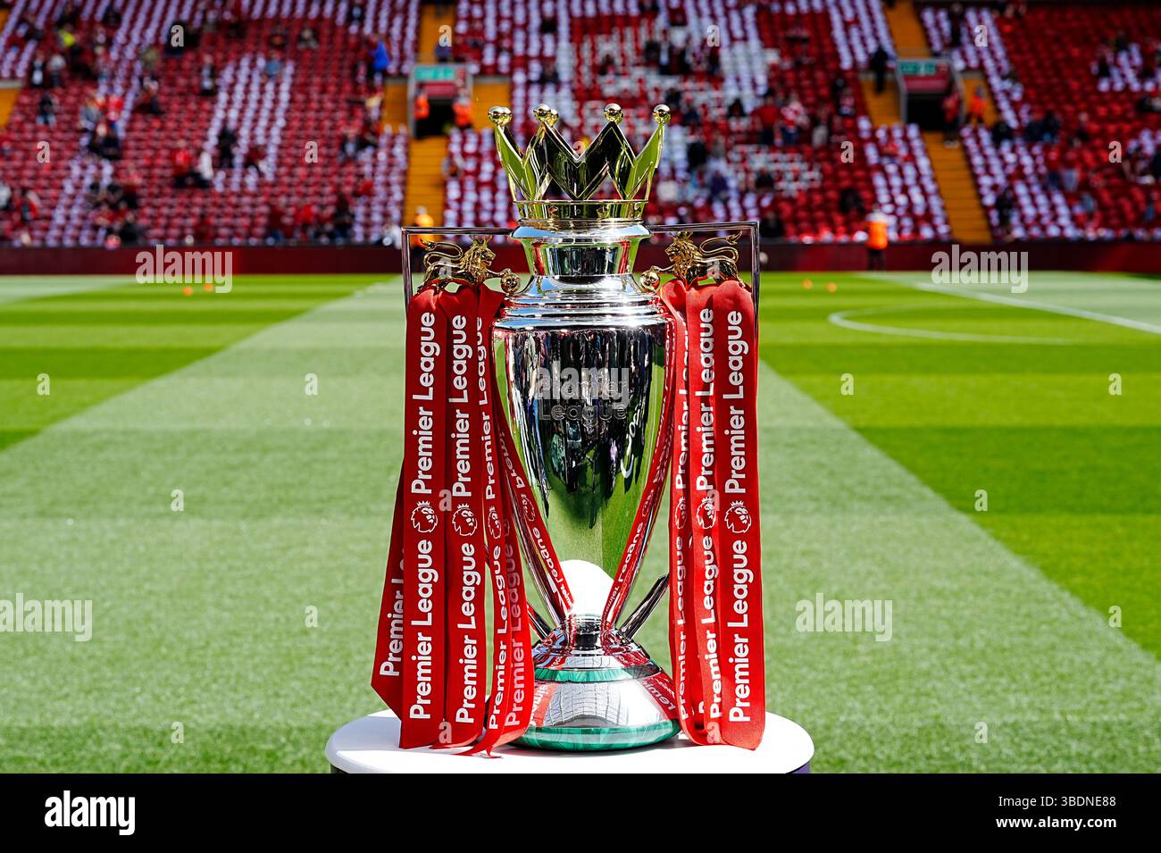 The league trophy on display before the Premier League match at Anfield ...