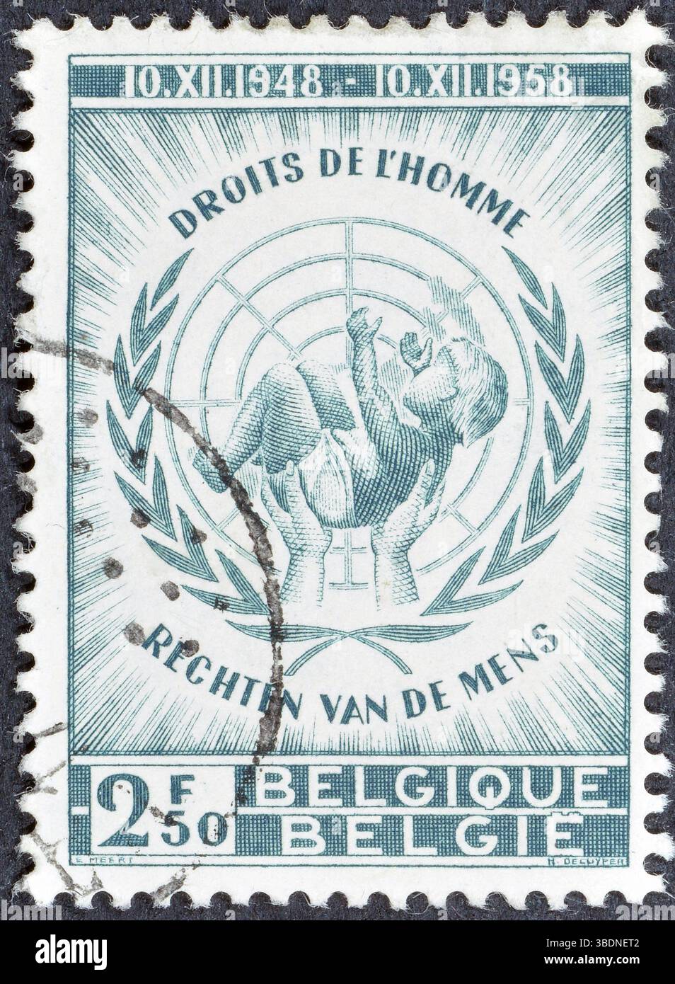 Cancelled postage stamp printed by Belgium, that shows Emblem of the UN ...