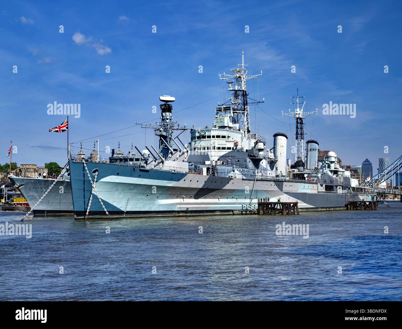UK, London, HMS Belfast and the River Thames from the Queen's Walk ...