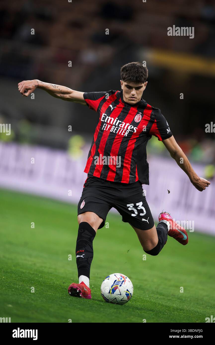 Milan, Italy. 24th May 2025. Davide Bartesaghi of AC Milan kicks the ...