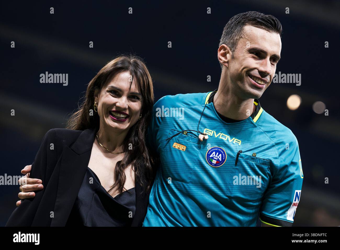 Milan, Italy. 24th May 2025. Referee Daniele Rutella hugs his ...