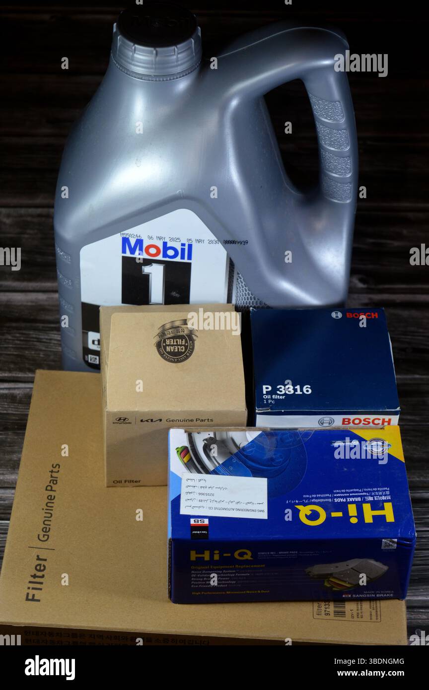 Cairo, Egypt, May 25 2025: Mobil one engine oil and KIA and Hyundai Oil ...