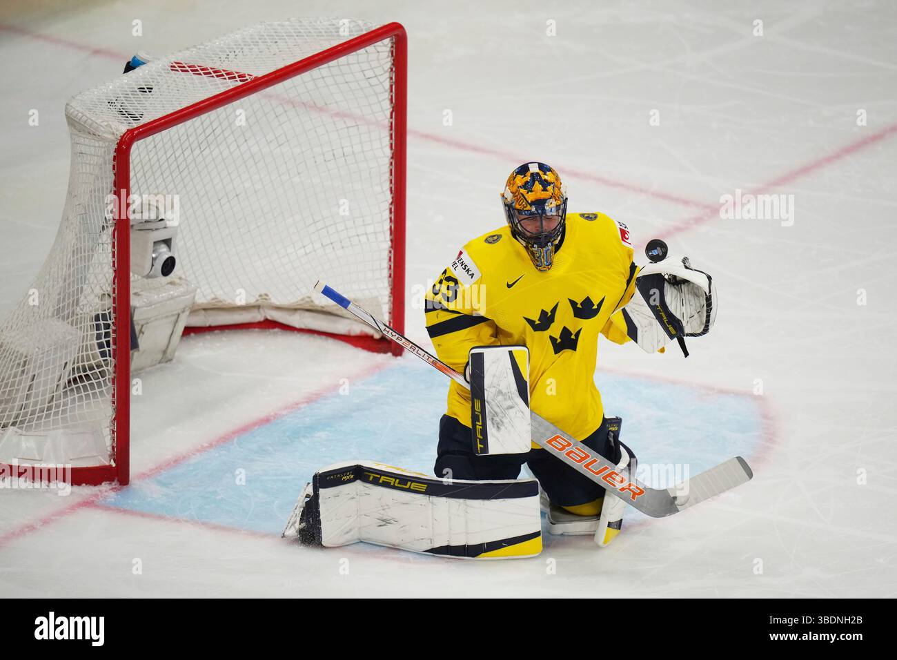 Sweden's goalkeeper Samuel Ersson saves during the bronze medal match ...